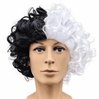 China Cruella Black White Split Curly Wig, Half Black Half White Short Fluffy Synthetic Wig, Unisex Cosplay Costume Wig for Halloween Carnival 101 Dalmatians Fancy Dress Party Role Play & Stage Show for sale