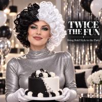 China Cruella Black White Split Curly Wig, Half Black Half White Short Fluffy Synthetic Wig, Unisex Cosplay Costume Wig for Halloween Carnival 101 Dalmatians Fancy Dress Party Role Play & Stage Show for sale