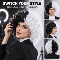 China Cruella Black White Split Curly Wig, Half Black Half White Short Fluffy Synthetic Wig, Unisex Cosplay Costume Wig for Halloween Carnival 101 Dalmatians Fancy Dress Party Role Play & Stage Show for sale