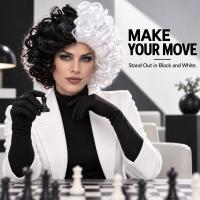 China Cruella Black White Split Curly Wig, Half Black Half White Short Fluffy Synthetic Wig, Unisex Cosplay Costume Wig for Halloween Carnival 101 Dalmatians Fancy Dress Party Role Play & Stage Show for sale