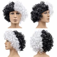 China Cruella Black White Split Curly Wig, Half Black Half White Short Fluffy Synthetic Wig, Unisex Cosplay Costume Wig for Halloween Carnival 101 Dalmatians Fancy Dress Party Role Play & Stage Show for sale