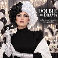 China Cruella Black White Split Curly Wig, Half Black Half White Short Fluffy Synthetic Wig, Unisex Cosplay Costume Wig for Halloween Carnival 101 Dalmatians Fancy Dress Party Role Play & Stage Show for sale