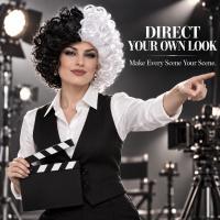 China Cruella Black White Split Curly Wig, Half Black Half White Short Fluffy Synthetic Wig, Unisex Cosplay Costume Wig for Halloween Carnival 101 Dalmatians Fancy Dress Party Role Play & Stage Show for sale