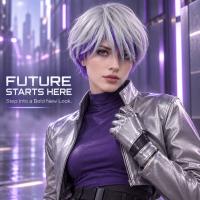 China Silver Purple Ombre Short Spiky Cosplay Wig, Layered Messy Straight Anime Costume Wig for Men Women, Synthetic Heat Resistant Wig with Bangs, Ideal for Halloween Party for sale