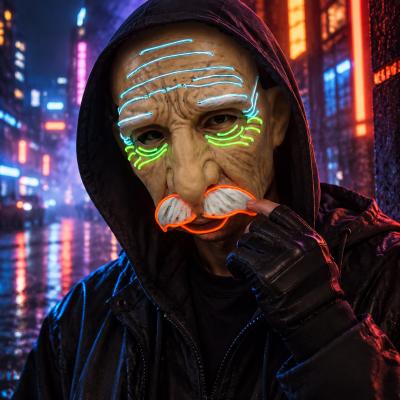 China LED Old Man Mask, Realistic Elderly Face Mask with Glowing Neon Light Design, Cyberpunk Halloween Costume Mask, Scary Horror Party Mask for Adults, Futuristic Cosplay Prop, Night Club Performance for sale