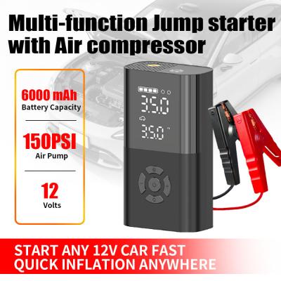 China 6000mAh 12 Volt Auto Jump Starter Pack Air Tire Compressor 9 In 1 Portable 150PSI Pump Jump Starter Power Pack for sale
