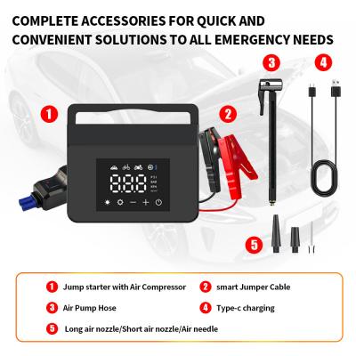 China Wireless Car Power Bank Jump Starter With Tire Inflator Blower 6 In 1 Air Compressor Emergency Start Power Supply for sale