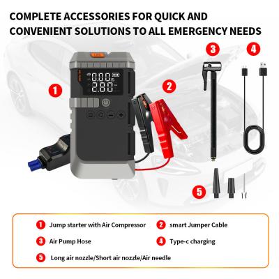 China Portable Battery 8000mAh Jump Starter With Air Compressor Type C Car Battery Jump Box Battery Tyre Inflator for sale