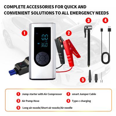 China Portable Car Air Compressor For Tires 12V 150psi Digital Rechargeable Car Battery Charger Jump Starter Led Display for sale