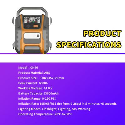 China 6000A Peak 53600mAh Portable Car Jump Starter with 150PSI Air Compressor for Truck SUV Emergency Booster for sale