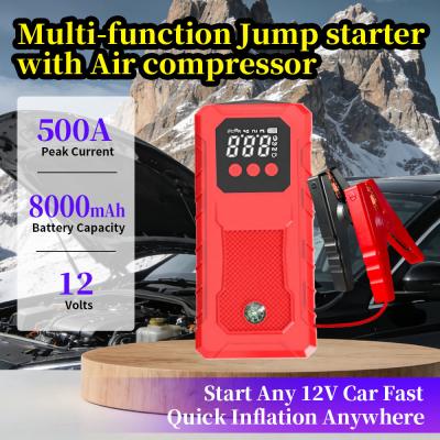 China 4-in-1 Emergency Jump Starter with Air Compressor, 8000mAh Power Bank, 500A Peak, 12V Car Battery Booster, Flashlight & Strobe Light for Vehicle Tire Inflation & Outdoor Use for sale