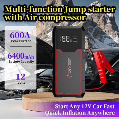 China Portable 6400mAh Jump Starter with 600A Peak Current and Built-in Air Compressor for Emergency Car Battery Boosting for sale