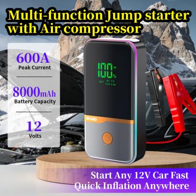 China 600A Peak Current Portable Jump Starter with 8000mAh Battery and Built-in Air Compressor for Car Emergency for sale
