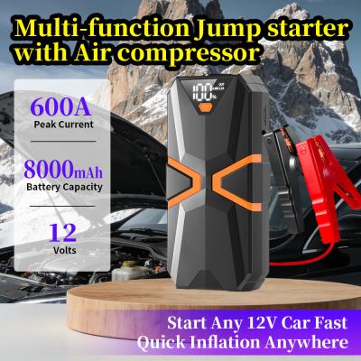 China 600A Peak Current Car Jump Starter with Built-in Air Compressor and 8000mAh Portable Power Bank for sale