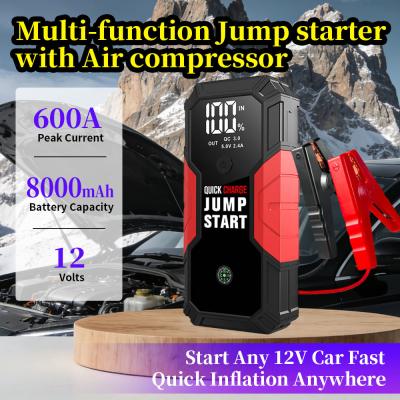 China 600A Peak 8000mAh 12V Multi-Function Jump Starter with Air Compressor & USB Power Bank for sale