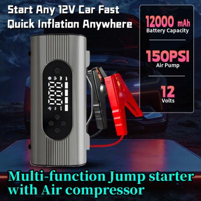 China 12000mAh 6-IN-1 Jump Starter with 150 PSI Air Compressor and Emergency Lights for Car Battery Boosting for sale