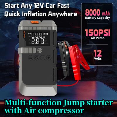 China 8000mAh 6-in-1 Jump Starter with 150 PSI Air Compressor and Emergency Lights for Car Battery Boosting for sale