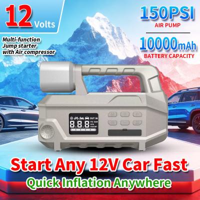 China 10000mAh Battery Jump Starter with 150 PSI Air Compressor and 2000 Lumens Flashlight for Emergency Vehicle Charging for sale