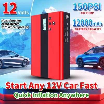 China 12000mAh High-Power Car Jump Starter with 1000A Peak Current and 150 PSI Tire Inflator Portable Power Bank for sale
