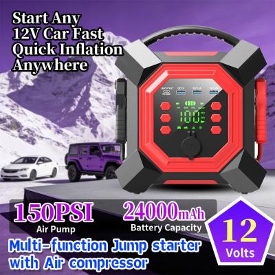 China 12V 24000mAh Car Jump Starter with 600A Peak Current and 150 PSI Air Compressor for Emergency Power for sale