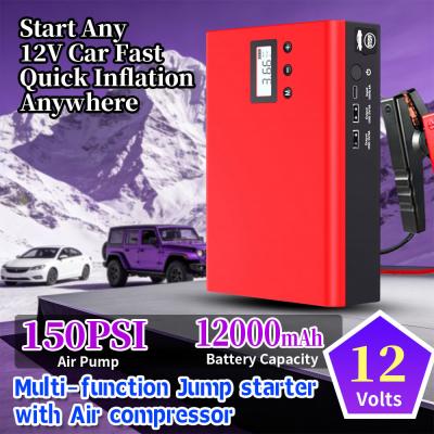 China 12V 12000mAh Vehicle Battery Booster with 1000A Peak Current and 150 PSI Tire Inflator Portable Power Bank for sale