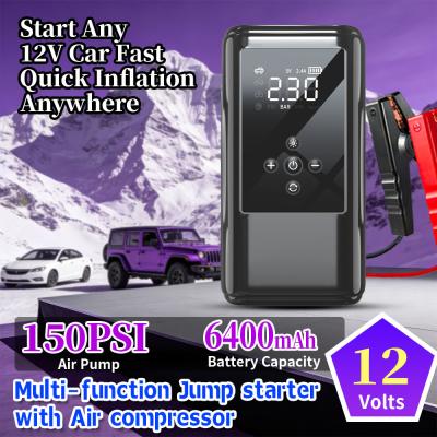 China 600A Peak Current 6400mAh Battery Capacity Vehicle Jump Starter with 150 PSI Digital Air Pump and LED Emergency Light for sale