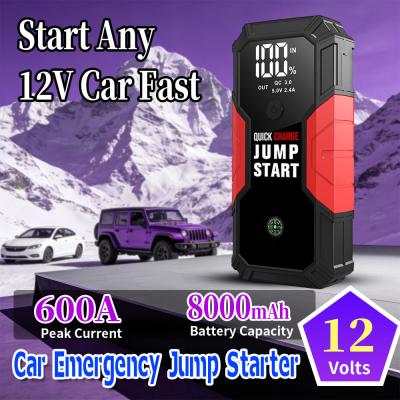 China 12V Portable Car Jump Starter with 600A Peak Power 8000mAh Rechargeable Battery and LED Safety Light for sale