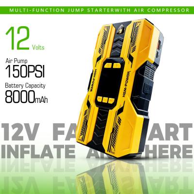 China Portable Car Jump Starter with 8000mAh Battery, 150 PSI Air Compressor and 600A Peak Current for Emergency Vehicle Charging for sale