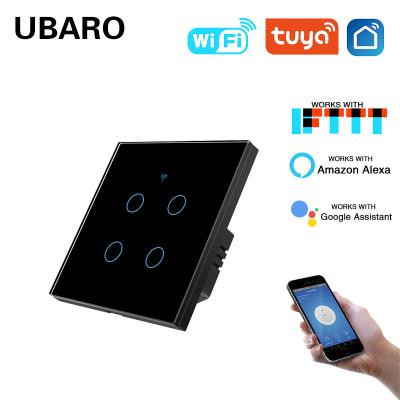 China 4Gang WiFi Smart Switch Type 86 Eu Standard Black Tempered Glass Panel Work With Yandex Alice Voice Timing App Control for sale