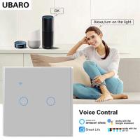 China EU/UK Standard 2Gang Tuya Smart WI-FI Switch For Alexa Alice Voice And App Control Grey Tempered Glass Panel for sale