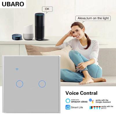 China EU/UK Standard 2Gang Tuya Smart WI-FI Switch For Alexa Alice Voice And App Control Grey Tempered Glass Panel for sale