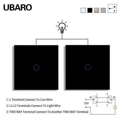 China UBARO Dual Switch Wall Mounted Black Glasss Panel 1Gang 2Way 100-240Vac 50-60Hz Stair Switch For Round Box for sale