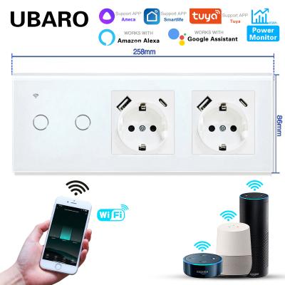 China 2 USB Port Switch Plug Combination 2100mA Tempered Glass Panel White Plug Sockets for sale
