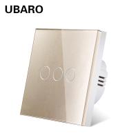 China EU/UK Standard 3Gang 1Way Wall Light Touch Switch Gold Tempered Glass Panel Button 5 -300W/GangCE for sale