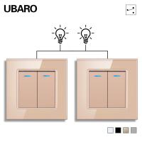 China UBARO L Series 86Type Fireproof PC 100-240Vac Dual Light Switch Control With Blue Indicator Tempered Glass Panel for sale