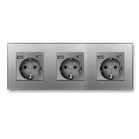 China Triple Schuko Wall Socket with USB Port, 3-Gang EU Standard 16A 250V Grey Panel German Power Outlet with USB Charger for Home Offic for sale