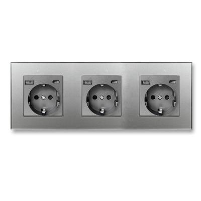 China Triple Schuko Wall Socket with USB Port, 3-Gang EU Standard 16A 250V Grey Panel German Power Outlet with USB Charger for Home Offic for sale