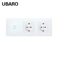 China UBARO Smart Touch Light Switch + Dual EU Schuko Power Outlet Combo, Tempered Glass Wall Plate, AC 110V-250V, White, Home Electrical Socket with Touch Control for sale