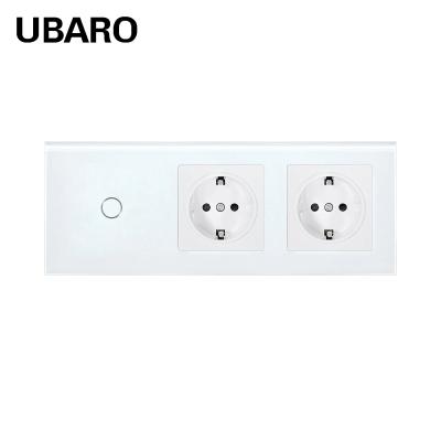 China UBARO Smart Touch Light Switch + Dual EU Schuko Power Outlet Combo, Tempered Glass Wall Plate, AC 110V-250V, White, Home Electrical Socket with Touch Control for sale