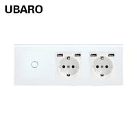 China UBARO Smart Touch Light Switch with Dual EU Schuko Power Outlet Combo Featuring 4 USB-A Charging Ports and Tempered Glass Wall Plate with Touch Control for sale