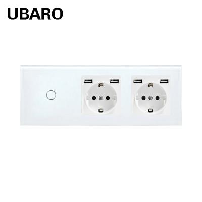 China UBARO Smart Touch Light Switch with Dual EU Schuko Power Outlet Combo Featuring 4 USB-A Charging Ports and Tempered Glass Wall Plate with Touch Control for sale