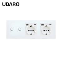 China UBARO Smart 2-Gang Touch Light Switch with Schuko Power Outlet and USB-A & USB-C Charging Ports in Tempered Glass Wall Plate for sale