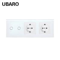 China UBARO Smart 2-Gang Touch Light Switch with Dual EU Schuko Power Outlet and Tempered Glass Wall Plate featuring Touch Control and CE, FCC, RoHS Certifications for sale