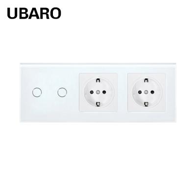 China UBARO Smart 2-Gang Touch Light Switch with Dual EU Schuko Power Outlet and Tempered Glass Wall Plate featuring Touch Control and CE, FCC, RoHS Certifications for sale