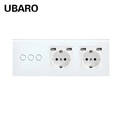 China UBARO 3 Gang Touch Light Switch with Dual EU Schuko Socket and 4 USB Ports White Tempered Glass Panel for sale