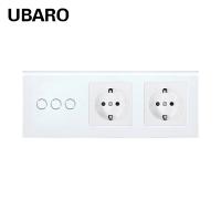 China UBARO 3 Gang Touch Light Switch with Dual EU Schuko Socket and White Tempered Glass Panel Wall Outlet 16A AC 110-240V for sale