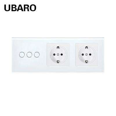 China UBARO 3 Gang Touch Light Switch with Dual EU Schuko Socket and White Tempered Glass Panel Wall Outlet 16A AC 110-240V for sale