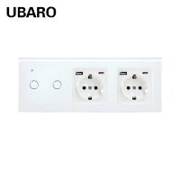 China UBARO 228 Type 2-Gang Smart Switch and Socket with Tempered Glass Panel Tuya WiFi Voice Control and Dual EU Sockets USB-A Type-C Ports for sale