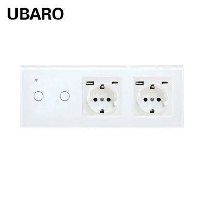 China UBARO 228 Type 2-Gang Smart Switch and Socket with Tempered Glass Panel Tuya WiFi Voice Control and Dual EU Sockets USB-A Type-C Ports for sale