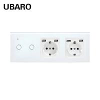 China UBARO 228 Type 2-Gang Smart Touch Switch with Dual EU Sockets and 4 USB Ports for Tuya WiFi Voice Control for sale